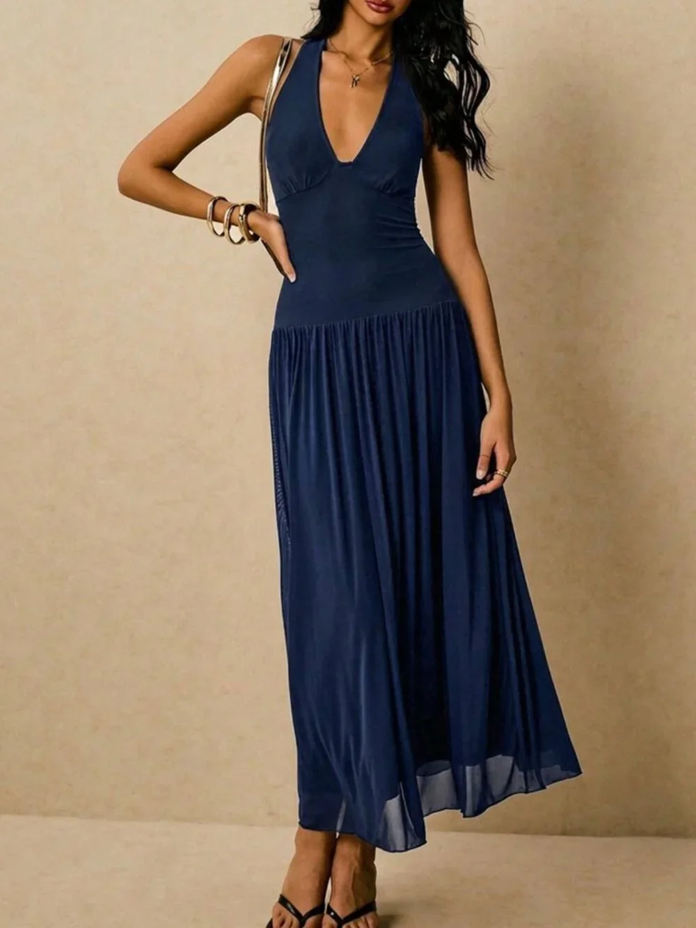 Dresses | Navy Blue Sexy Womens Open Back Tie Halter Neck Dress | Poshmark